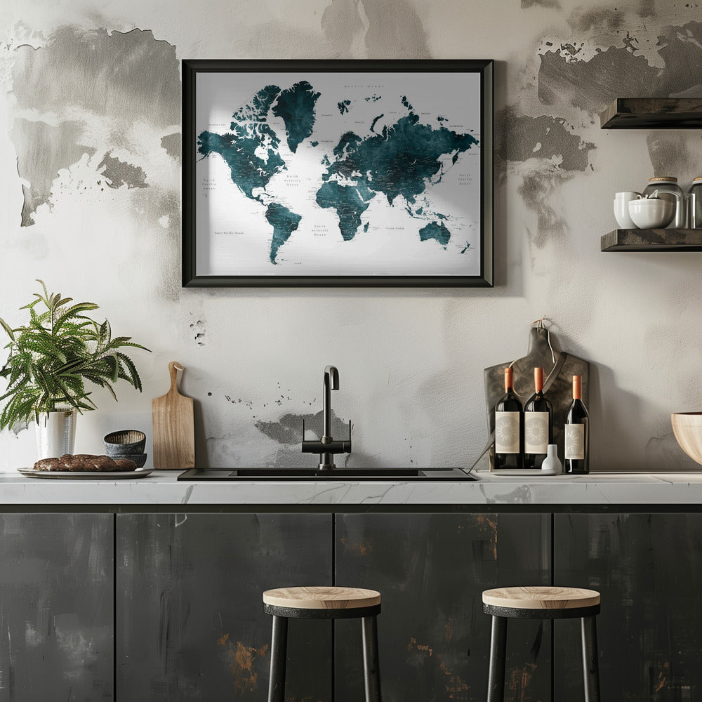 Dark teal world map with cities, Makani – Admen.dk